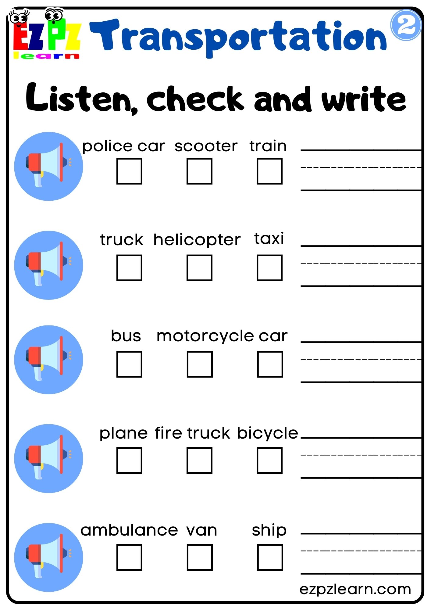 Interactive Worksheet for Transportation Listen, Check and Write the Words Activity for Kids G2 ...
